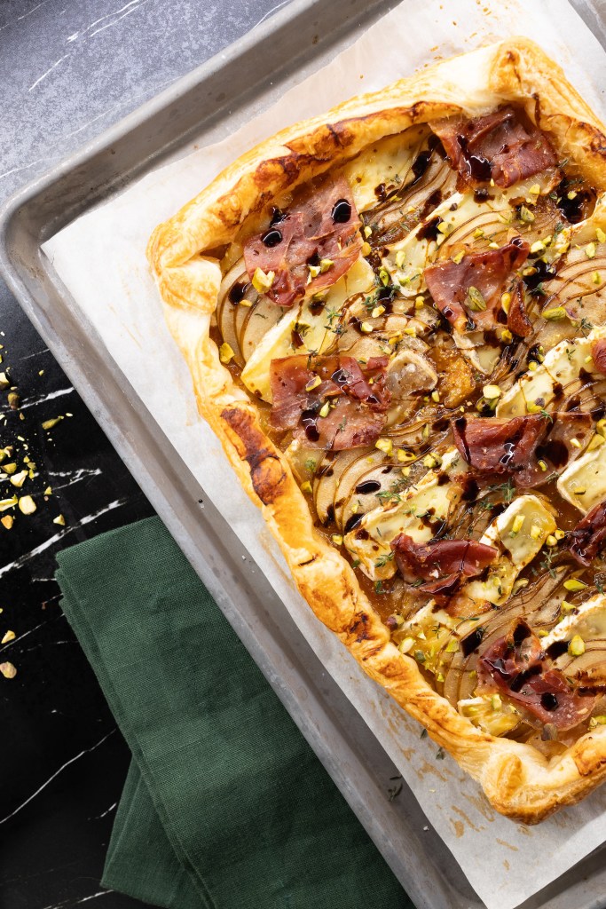 Pear and Brie Puff Pastry Tart with Prosciutto and Fig Jam - colbytroy.com